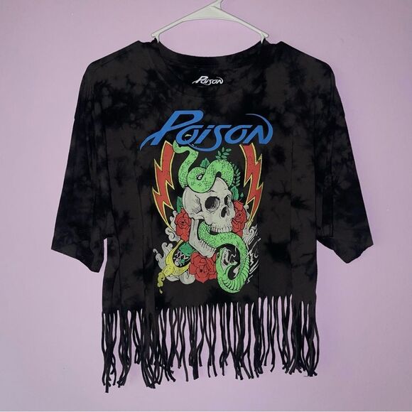 Tops | Poison Band M Graphic Tee Shirt Black Tie Dye W Fringe | Poshmark